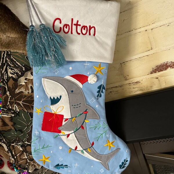 Shark Stocking, Boy Christmas Stocking, Blue Christmas Stocking, Baby's ...
