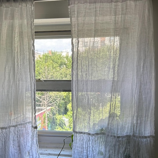White Linen Gauze Curtain Panel With Ruffle, Boho Window Curtains ...