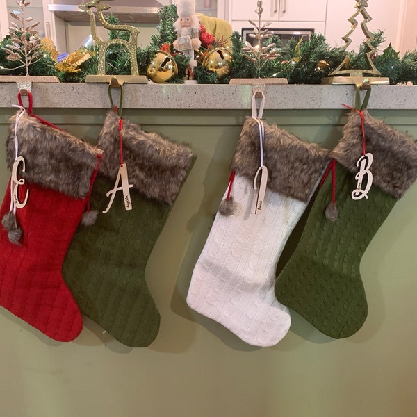 Cable Knit Christmas Stockings Red | Ivory | Olive | Faux Fur Pom Poms ...