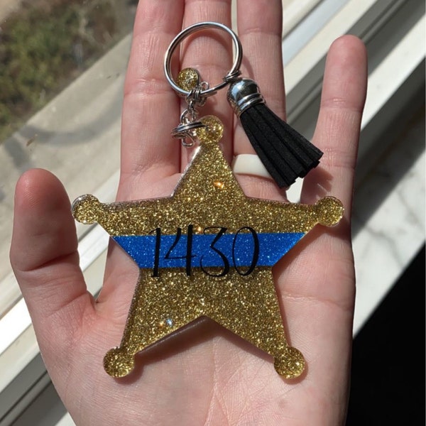 Personalized Thin Blue Line Sheriff Badge Glitter Keychain, Sheriff ...