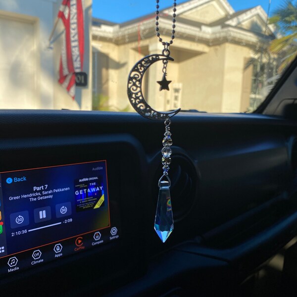 Crescent Moon and Star Crystal Suncatcher, Rearview Mirror Car Charm ...