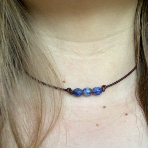 BLUE and White Sodalite LEATHER CHOKER/ Real Blue Stone Leather Choker ...