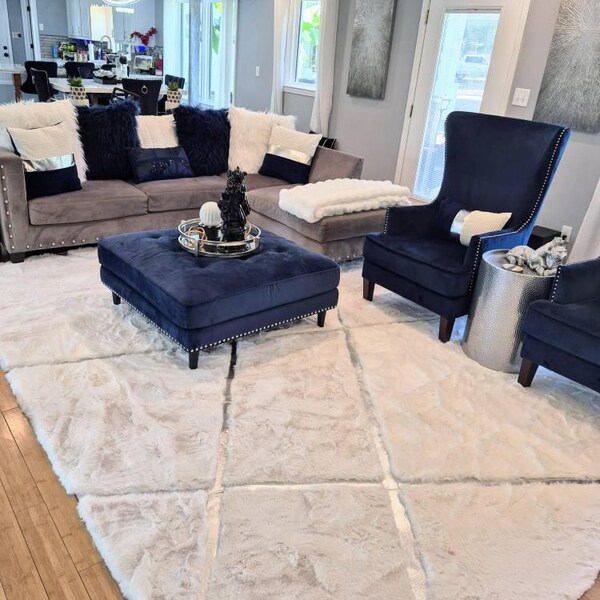 White Fur Carpet, White With Golden Fur Rug, Shaggy and Leather Carpet ...