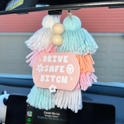 Drive Safe Btch Acrylic Car Charm Retro Boho Smiley Face Car ...