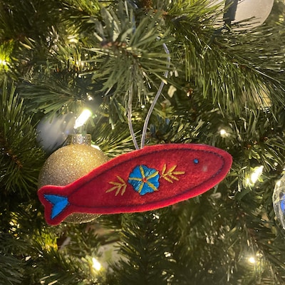 Swedish Fish Christmas Ornament Embroidered on Red Felt With Aquamarine ...