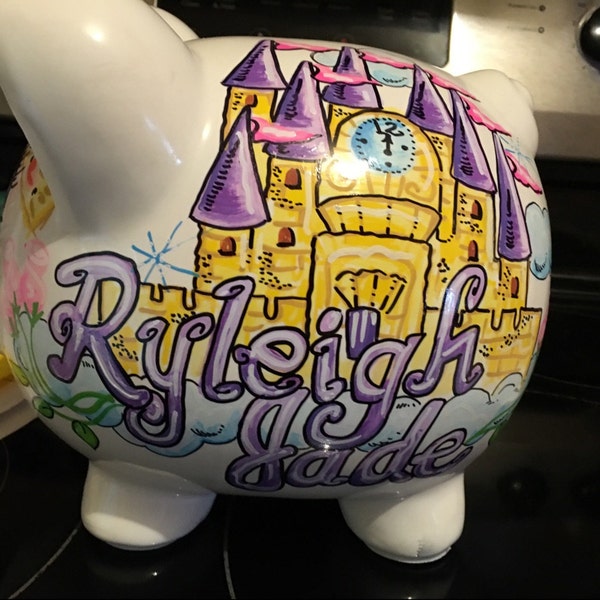 Personalized Piggy Bank Princess Design Castle Crown Handpainted - Etsy