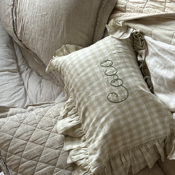 Embroidered Customised Name Linen Ruffle Mini Cushion in Yellow Gingham ...