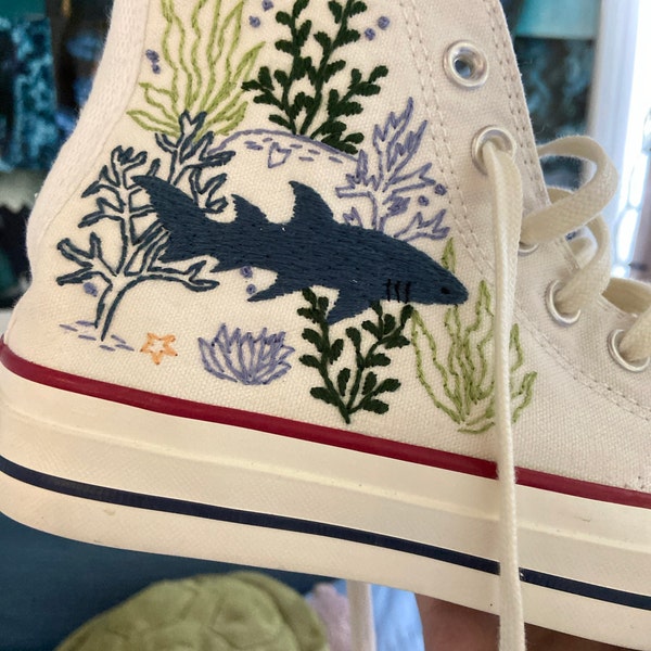 Custom Embroidered Converse High Tops: Shark Ocean Design - Etsy