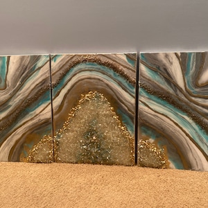 3 Piece Silver Teal Geode Gold / Resin Geode / Geode Painting / Geode ...