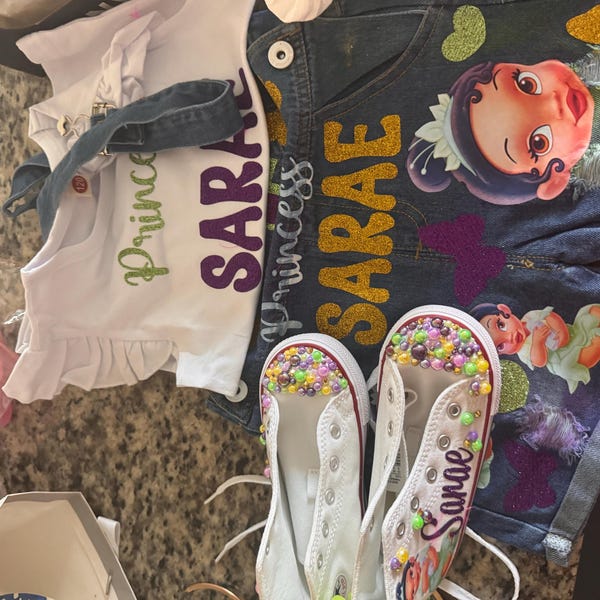 Baby Tiana Denim Birthday Set, Tiana Converse Shoes, Birthday Outfit ...