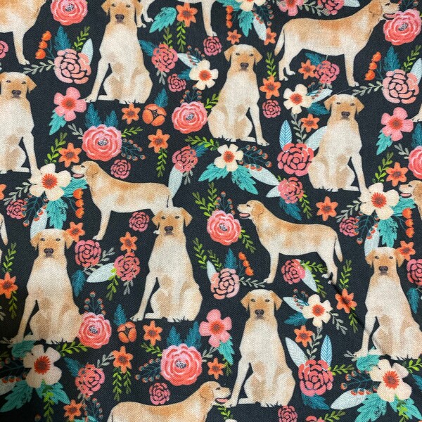 Labrador Fabric - Yellow Labrador Retriever Dog Floral Fabric by ...