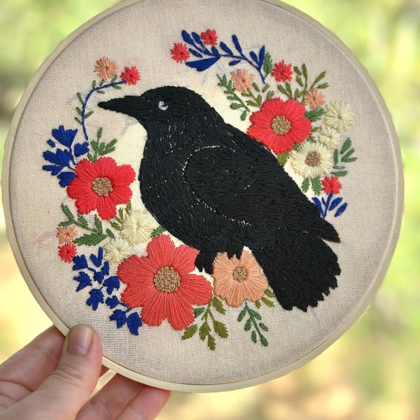 Raven Garden Hand Embroidery Pattern, Floral Crow Embroidery Design ...