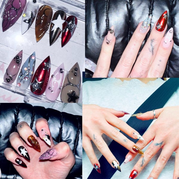 Bold Color Airbrush Long Stiletto Press on Nails, 3D Glam Goth False ...