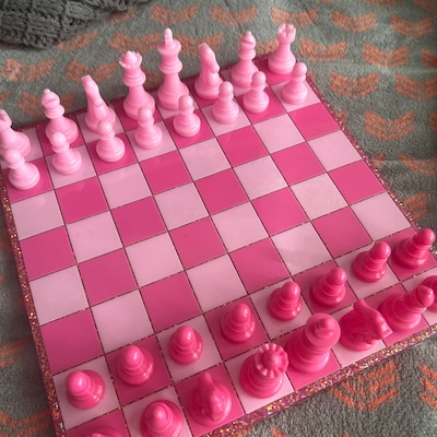 Pink Chess Board Game Night 32 Chess Pieces 24 Checkers 11x11 Handmade ...