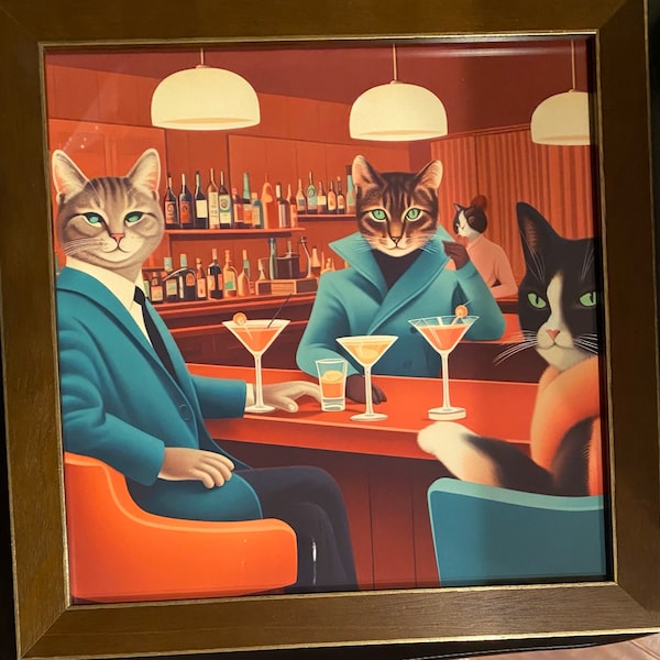 Black Cats Day Drinking Art, Cats Cocktail Poster, Mid Century Cat Art ...