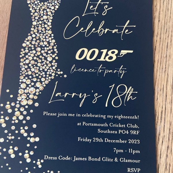 DIGITAL Glitz & Glam Personalised Party Invites 007 Theme, Gold Glitter ...