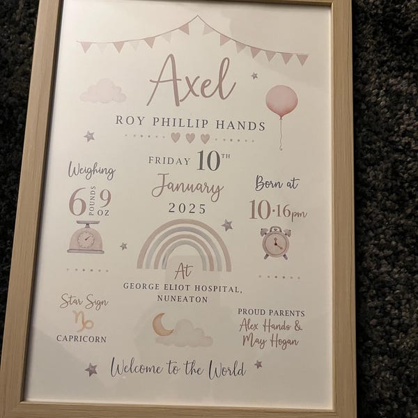 New Baby Personalised Print | Birth Details Gift | Keepsake Print | New ...