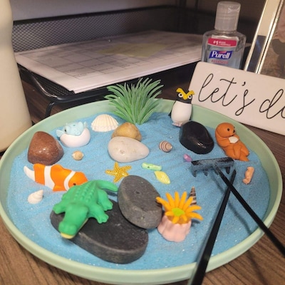 Mini Ocean Zen Garden Beach Sand Blue Desk Accessory Fun DIY Kit Back ...