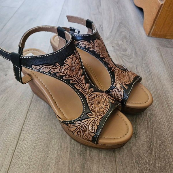 Tooled Leather Wedge Sandals, Western Sandals, Wedding, Prom Shoes - Etsy