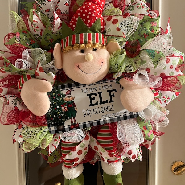 Elf Wreath Signs, Holiday Wreath Sign, Christmas Elf Surveillance ...