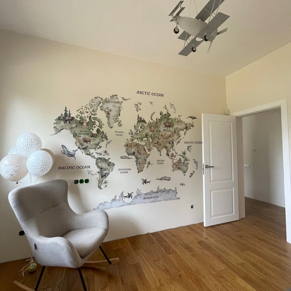 Watercolor World Map Decal, Childrens World Map Sticker, Animal Map ...