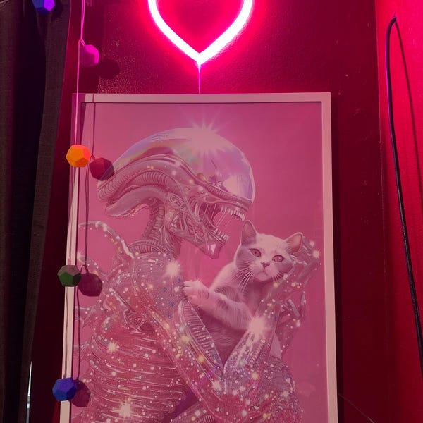 Glittering Pink Alien With Cute Cat Art Print, Holographic Sci-fi Decor ...