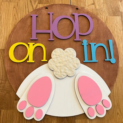 Hop on in Easter Spring Welcome Wood Blank DIY Round Door Hanger Sign ...