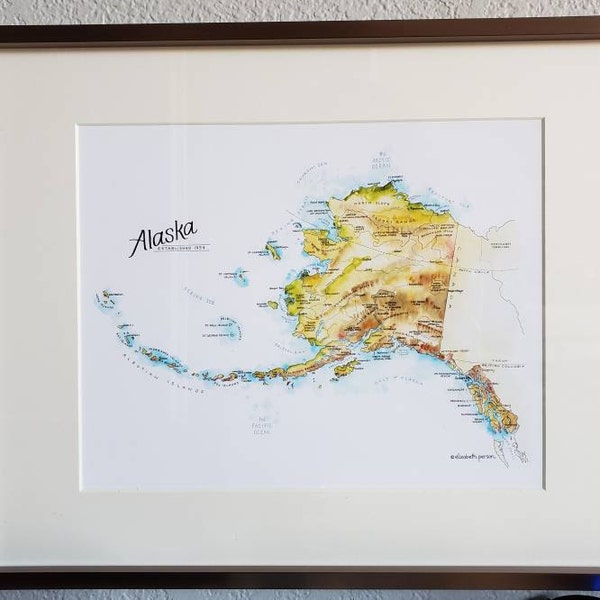 Alaska Map Watercolor Illustration State of Alaska Anchorage Pacific ...