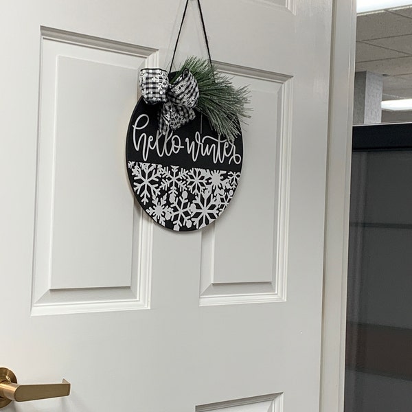 Hello Winter Door Hanger, 12" Hello Winter Sign, Winter Door Decor ...
