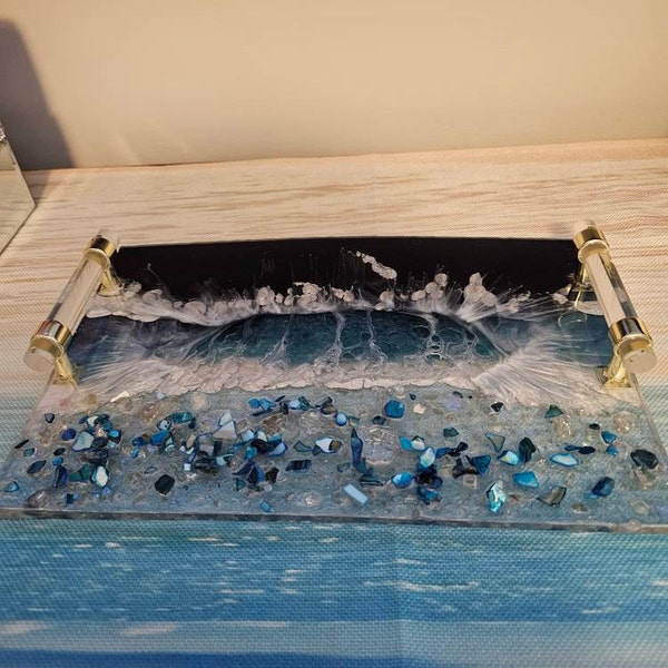 HANDMADE Large Decorative Ocean Resin Tray Glass Elegant Tray W/ Gold ...
