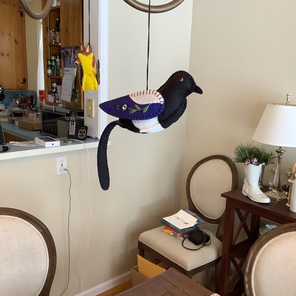 Black-billed Magpie Ornament, Blue Folk Art Magpie,wool Felt Magpie ...