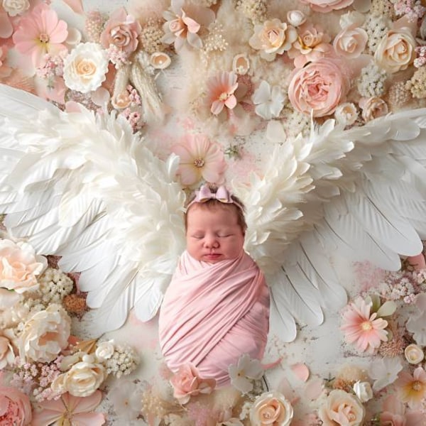 Newborn Digital Backdrop, Angel Wings With Pink Flowers for Baby Girl ...