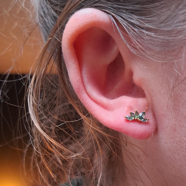 14K Gold Moss Agate Earring Threadless Push Pin Stud Dainty Fan Shape ...