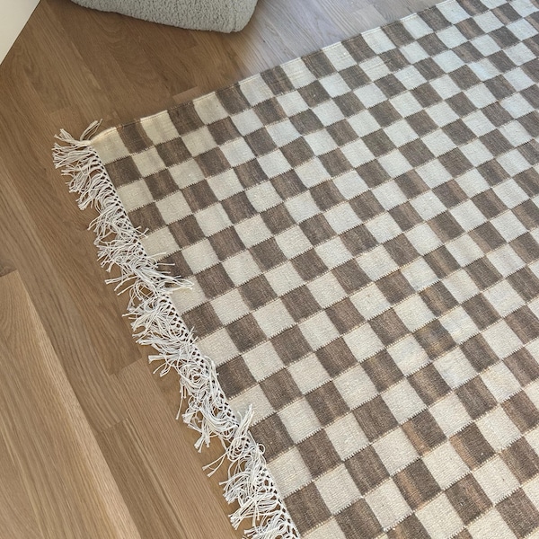 Handmade Checker Rug, Jute Kilim Checkerboard Rug, Home Decor Checkered ...