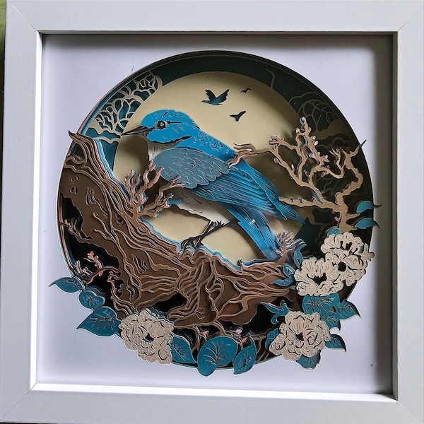 Bird Shadow Box SVG Template: Flowers, Moon, 3D Paper Cut (digital ...