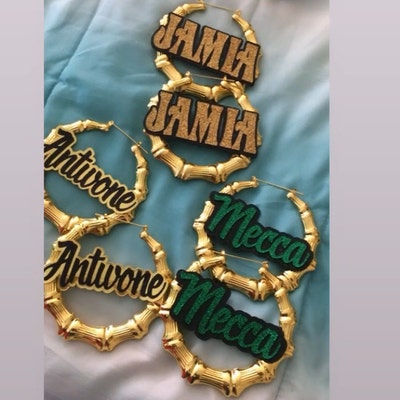 Personazlied Bamboo Earrings Name Bamboo Hoops Name - Etsy