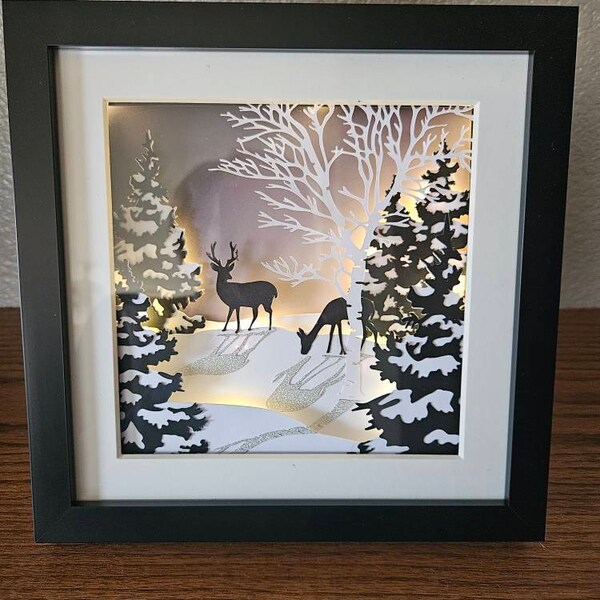 Woodland Deer in Moonlight 3D Light up Shadow Box Set in High Quality 9 ...