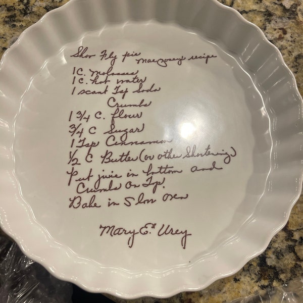 Oven Safe Pie Pan With Your Loved Ones Actual Handwritten Recipe on ...