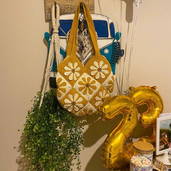 Crochet Daisy Bag, Granny Square Bag, Mustard Afghan Bag, Flower Tote Bag, Retro Shoulder Bag ...