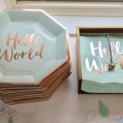 Mint & Rose Gold Paper Plates , Hello World Plates, Baby Shower ...