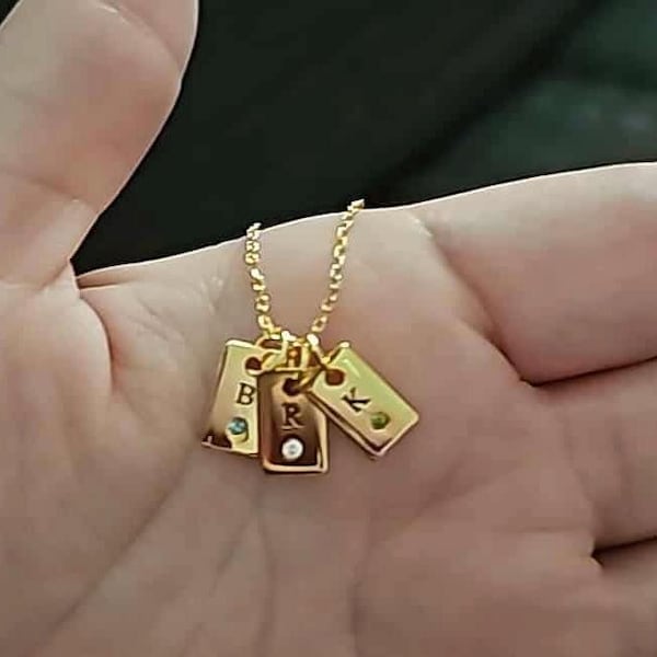 Birthstone Initial Tag Necklace, Engraved Letter Necklace With ...