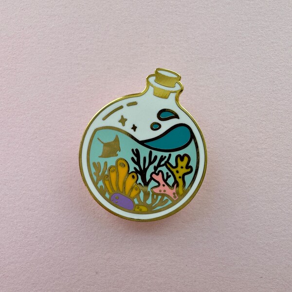 Coral Reef & Manta Ray Pin, Ocean in a Bottle Gold Hard Enamel Pin, Sea ...