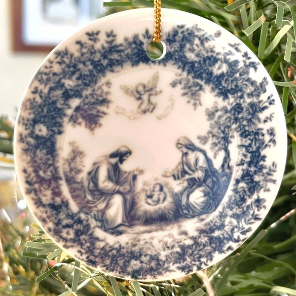 Christian Ornament, Nativity Blue Toile De Jouy Christmas Ornament ...