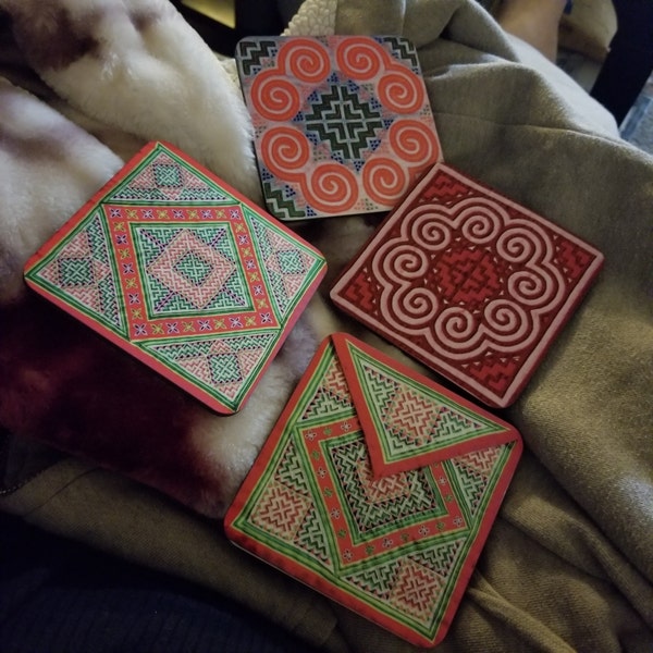 Hmong Coasters 4 Pieces Set of 4 Printed Mix Set Cork Hmong Creations ...