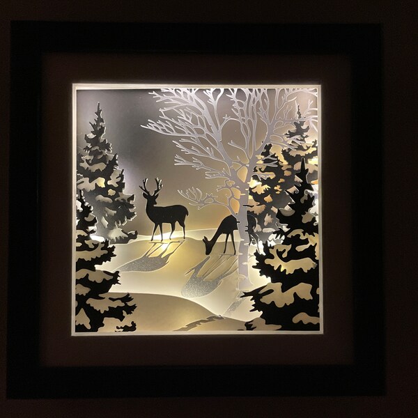 Woodland Deer in Moonlight 3D Light up Shadow Box Set in High Quality 9 ...
