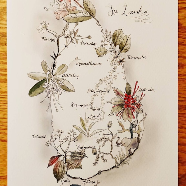 Giclee Art Print (A4) of a Map of Sri Lanka With Illustrated Plants and ...