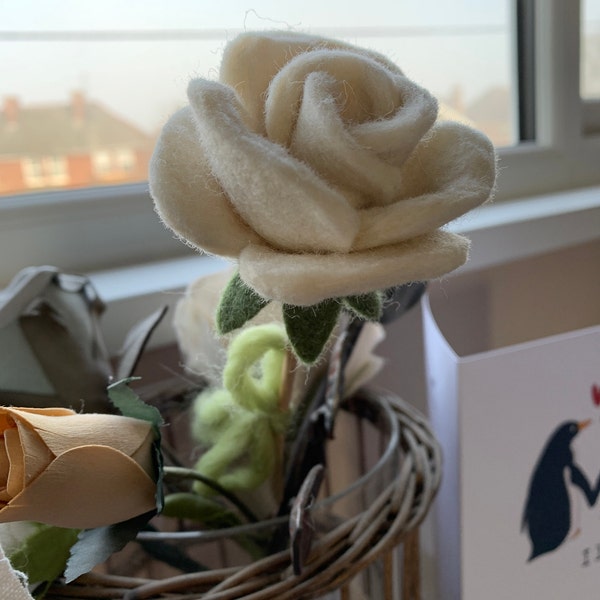 White Rose Forever Flower - Handmade Natural Wool Felt Rose Flower Stem ...