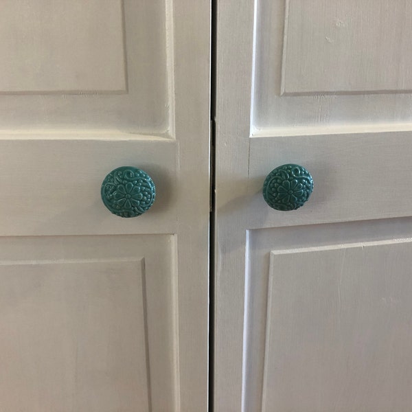 Turquoise Vintage Ceramic Door Knobs Handpainted Kitchen Cabinet Drawer ...