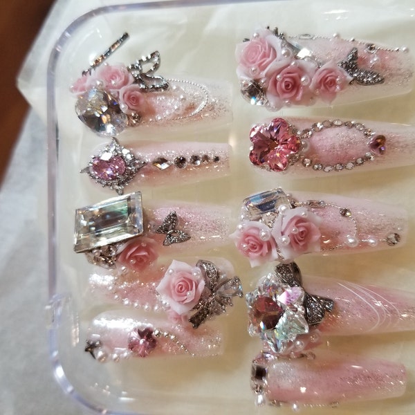 Luxury Press-on Nails, High-end Swarovski Crystal Long Nails, Roseup ...