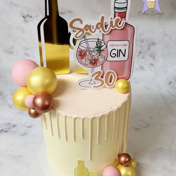 Pink Gin Cake Topper, Rose Gold Name and Age, Alcohol Cocktail Birthday ...